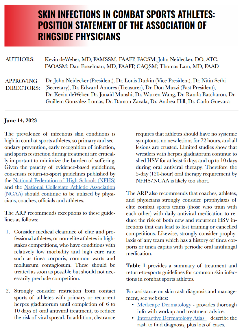 Consensus Statement from the ARP – Skin Infections in Combat Sports ...